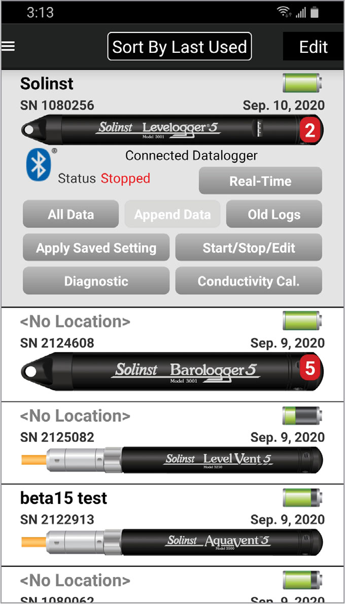 Solinst Datalogger Home Screen